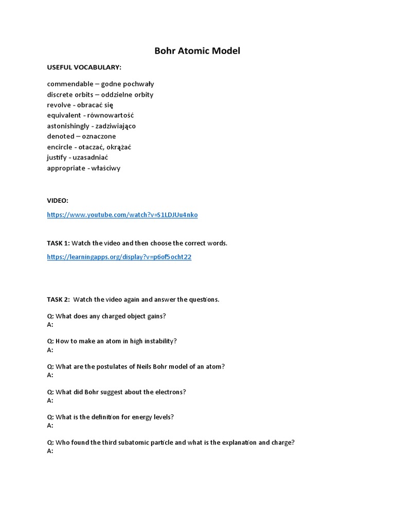 Model Atomic Bohr Task | PDF | Science & Mathematics