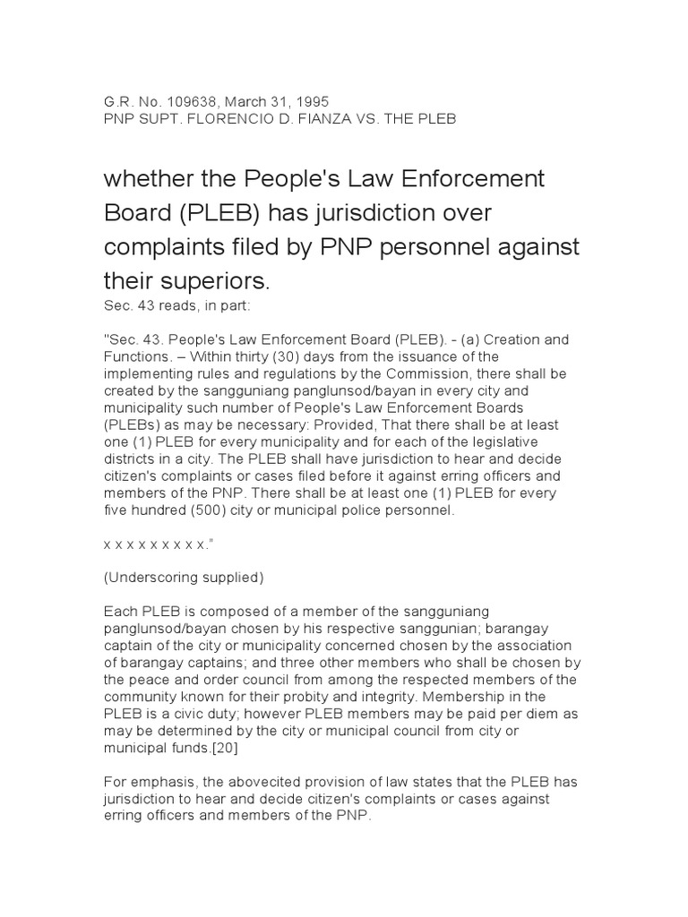 26 PNP Supt Fianza vs. Pleb | PDF | Jurisdiction | Complaint