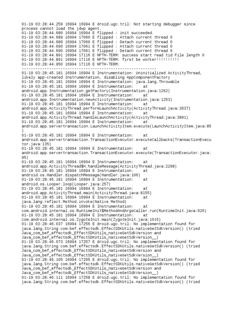 Log Entries Detailing Native Code Errors And Thread Activity On An