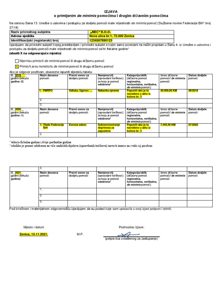 9.1. Izjava o Primljenim de Minimis Pomoćima I Drugim Državnim Pomoćima - Popunjen Primjer | PDF
