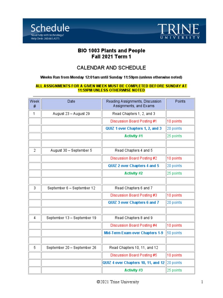 BIO 1003 Plants and People SCHEDULE - Fall 2021 Term 1 | PDF