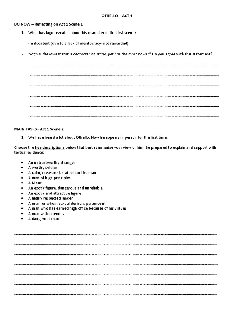 Othello Act 1 Scene 2 Worksheet | PDF | Iago | Othello