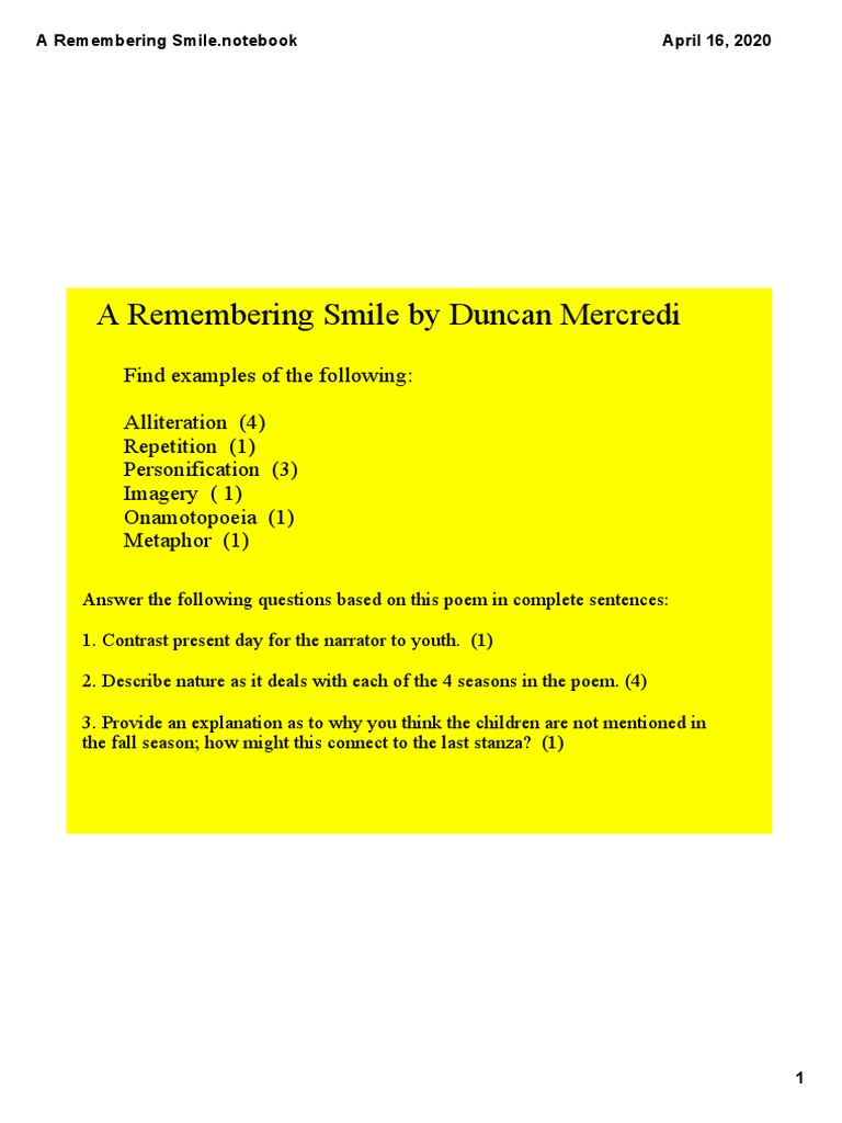 A Remembering Smile Questions | PDF | Language Arts & Discipline | Poetry