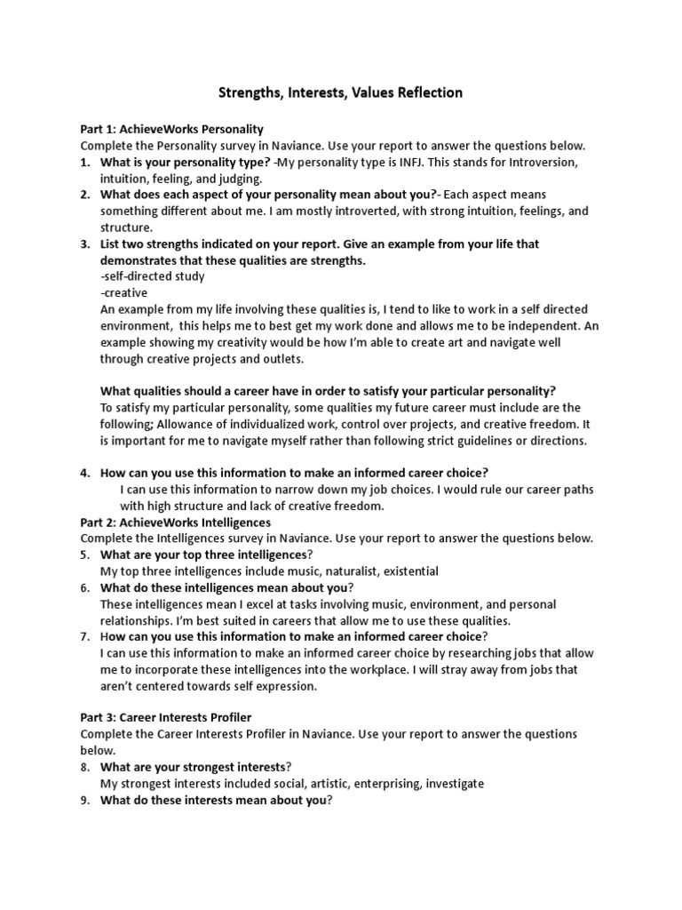 Lesson 1 - Strengths Interests Values Reflection 4 | PDF | Personality ...