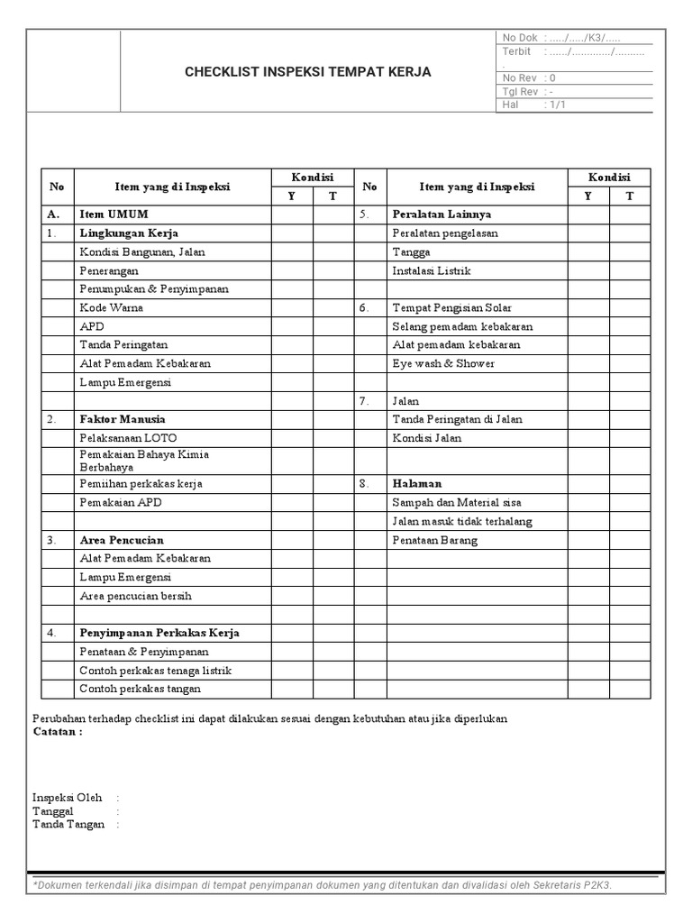 CheckList Inspeksi Tempat Kerja | PDF