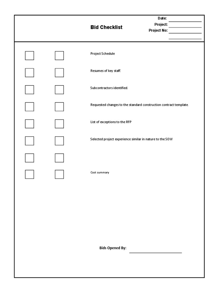 Bid Checklist: Date: Project: Project No | PDF | Technology & Engineering