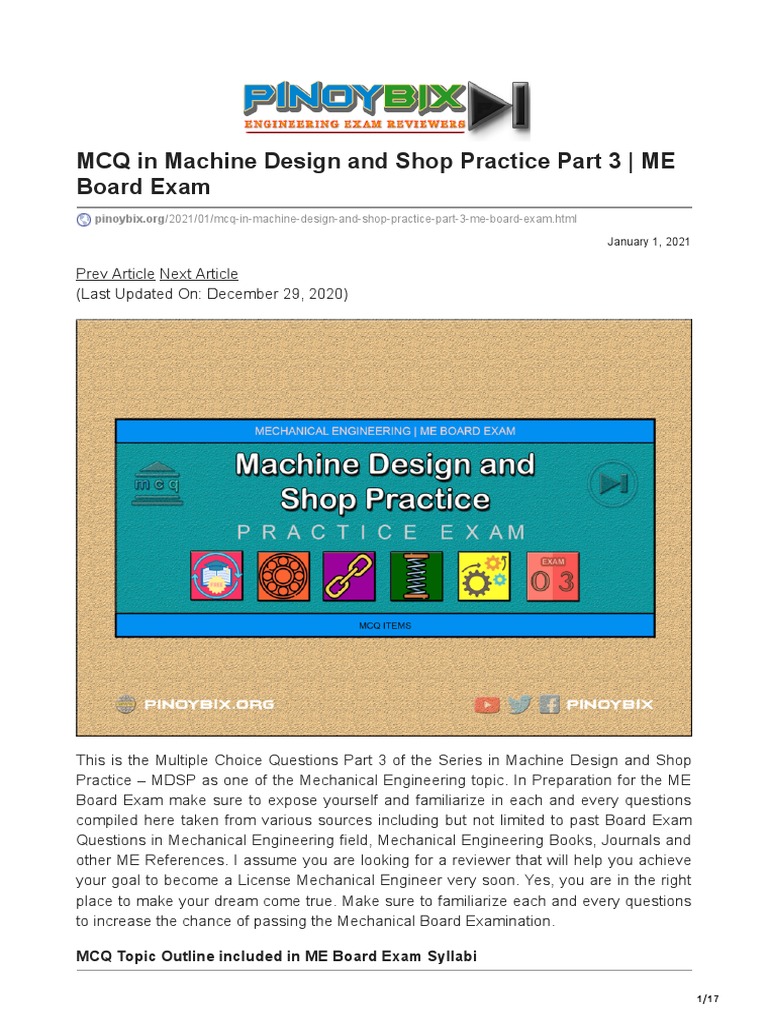 MCQs for Machine Design Practice 1 | PDF | Drilling | Gear