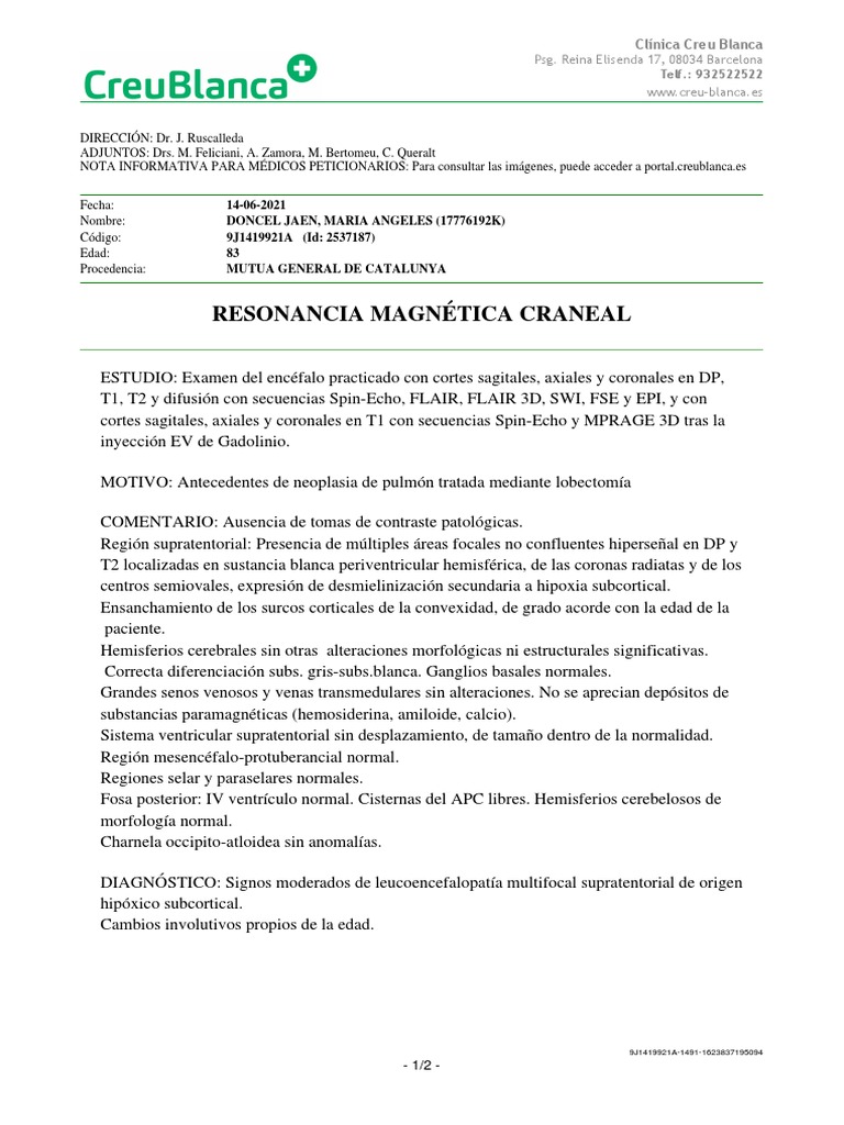 Informe Resonancia 14 6 21 CB | PDF | Imagen de resonancia magnética | Anatomía humana