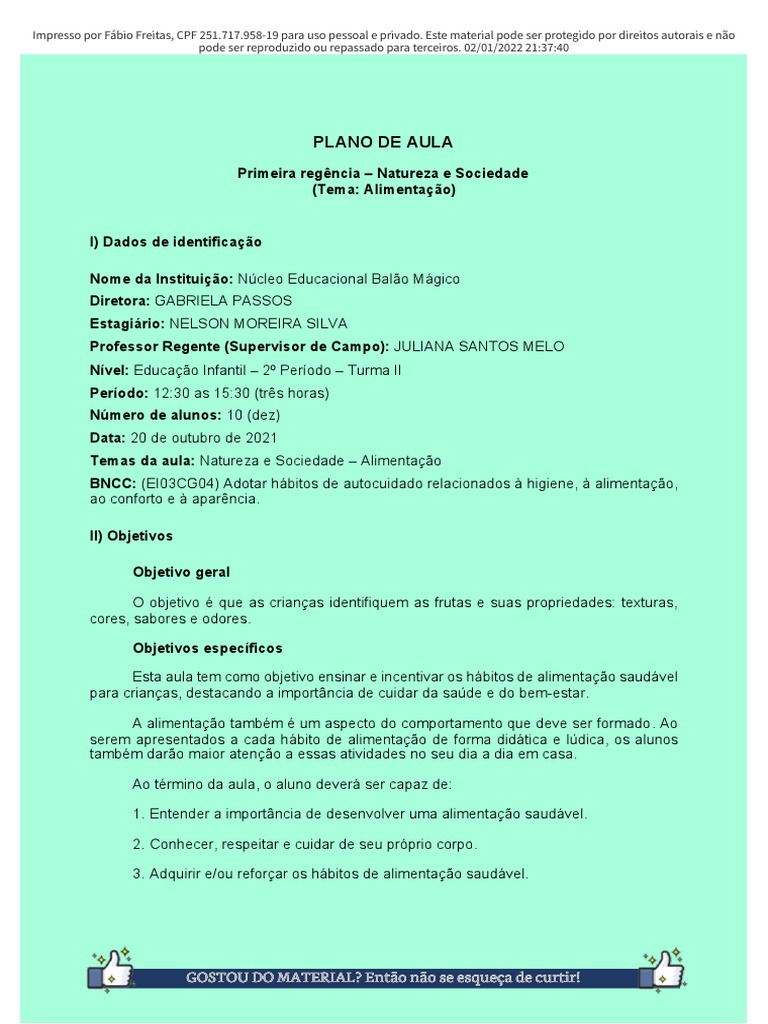 Plano De Aula Natureza E Sociedade Educação Infantil Alimentação