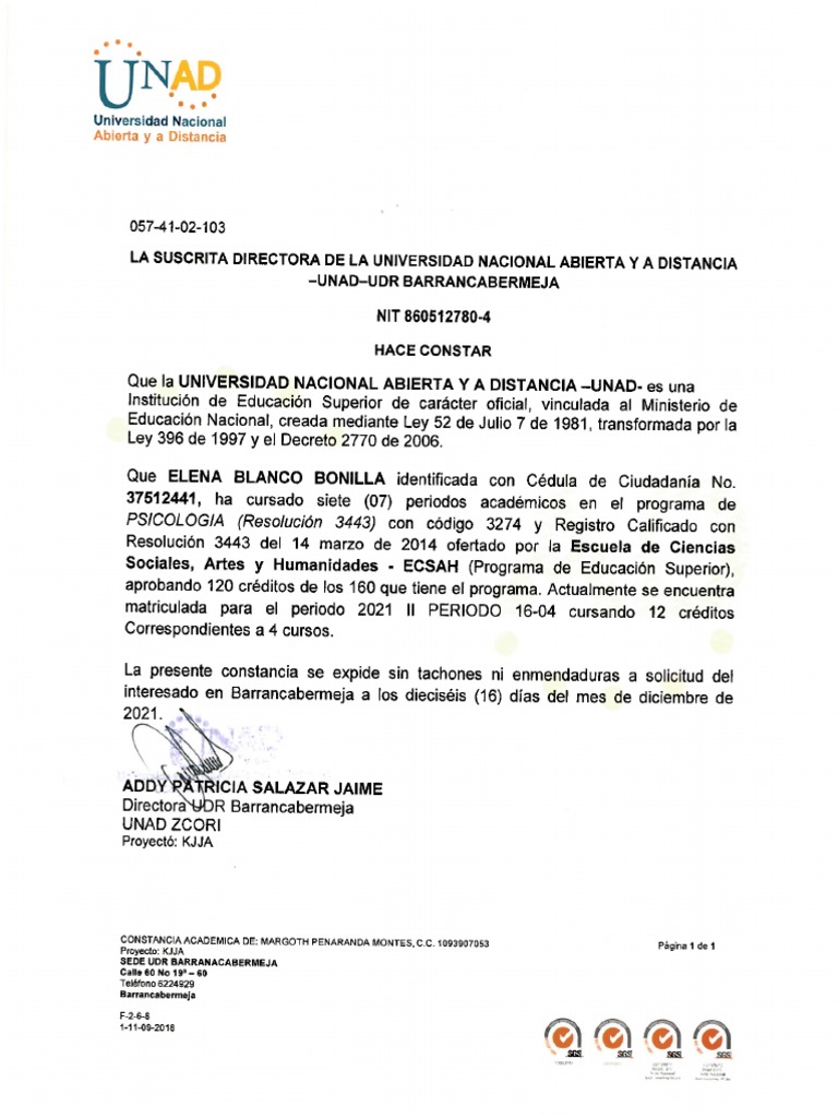ELENA BLANCO BONILLA - Certificado de Estudios - UNAD PSICOLOGIA - 37512441 | PDF