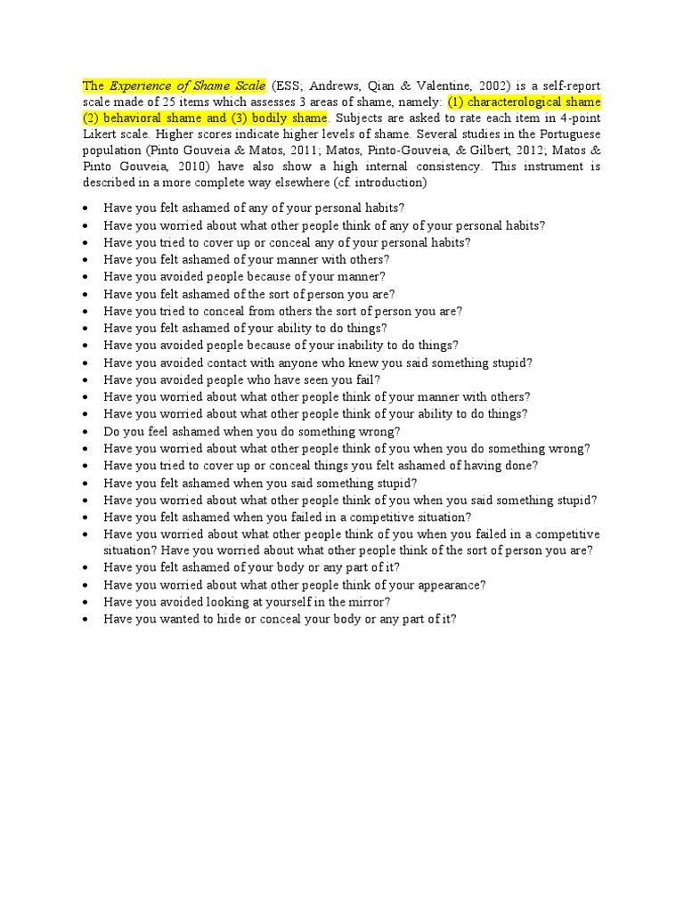 Experience of Shame Scale Internal Shame Scale Others As Shamers Scale ...