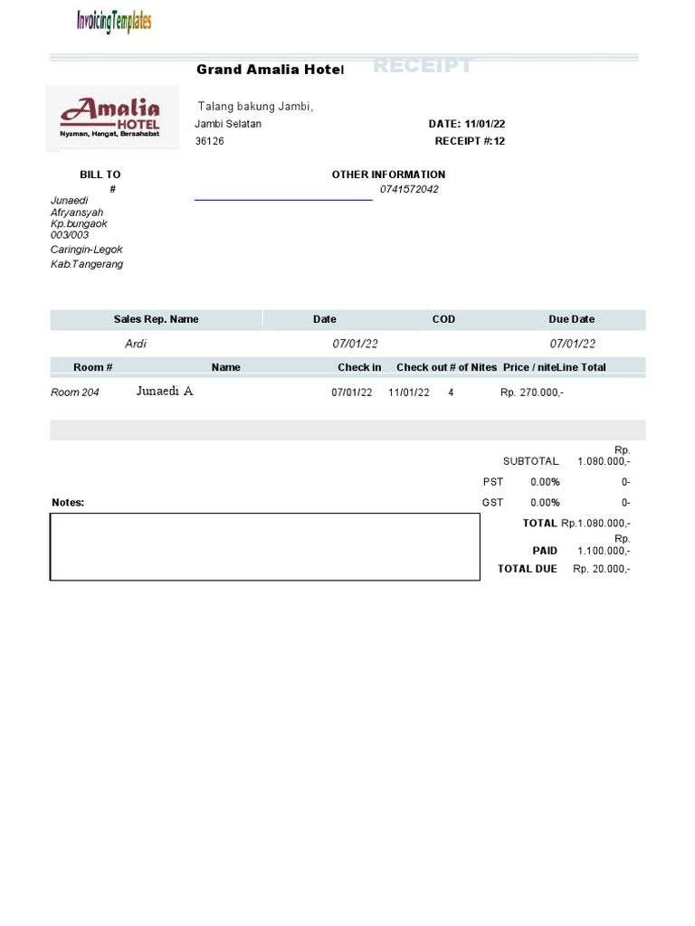 1 Contoh Bill Hotel Secara Umum | PDF