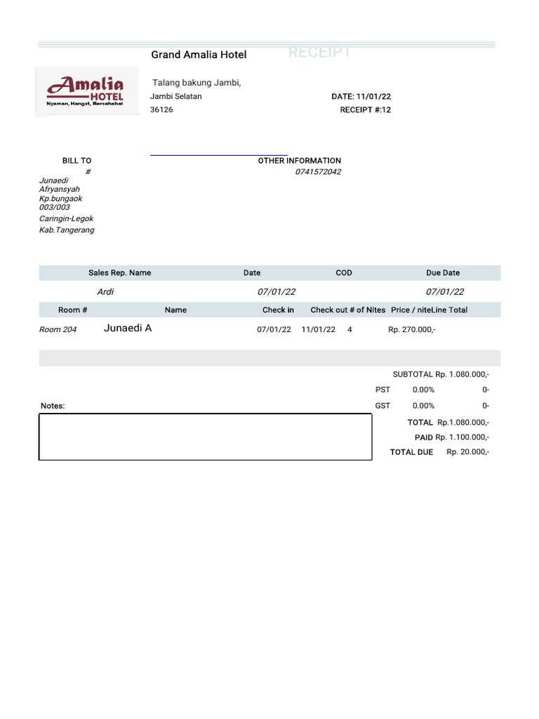 1 Contoh Bill Hotel Secara Umum | PDF