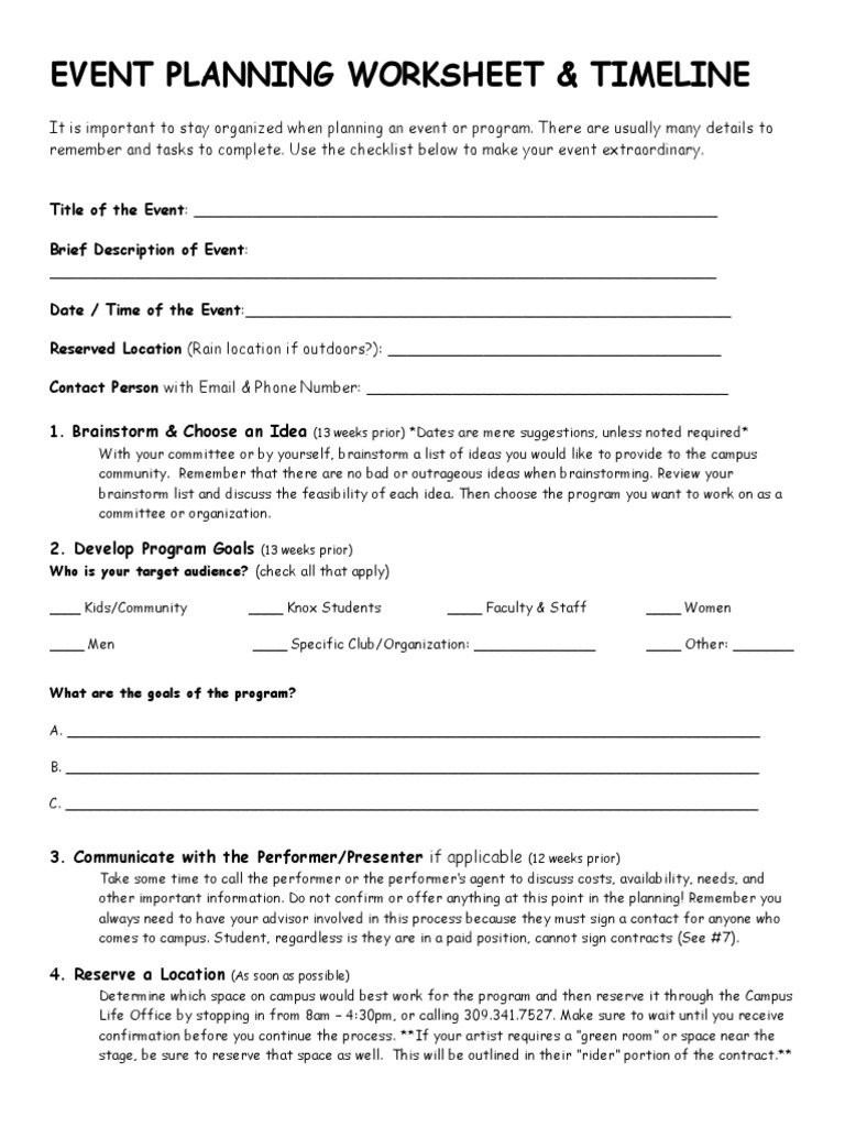 Event Planning Worksheet & Timeline | PDF | Brainstorming | Foods