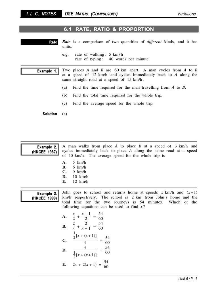 6.1 Rate, Ratio & Proportion: I. L. C. Notes | PDF | Speed | Length