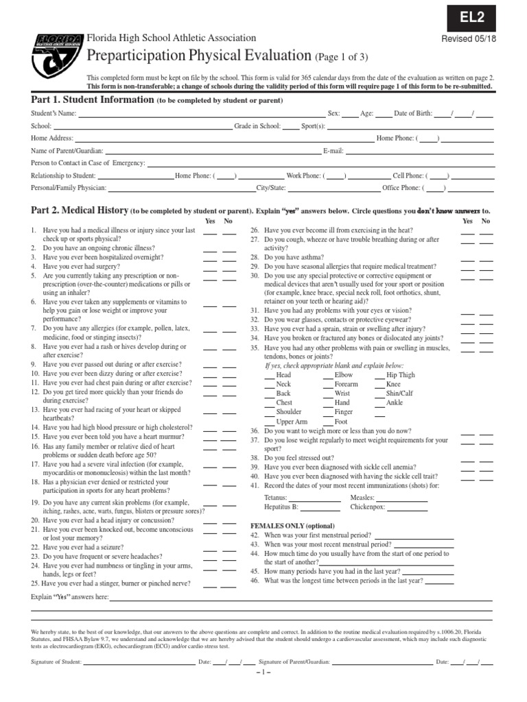 Preparticipation Physical Evaluation: Florida High School Athletic ...
