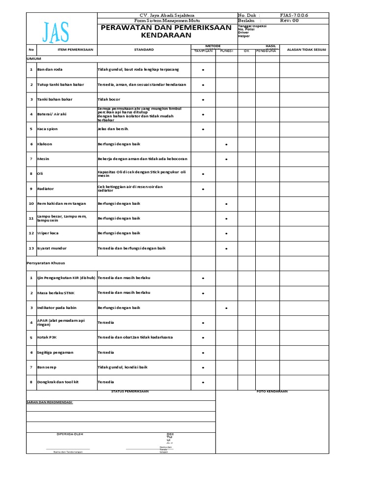 Checklist Pemeriksaan Kendaraan | PDF