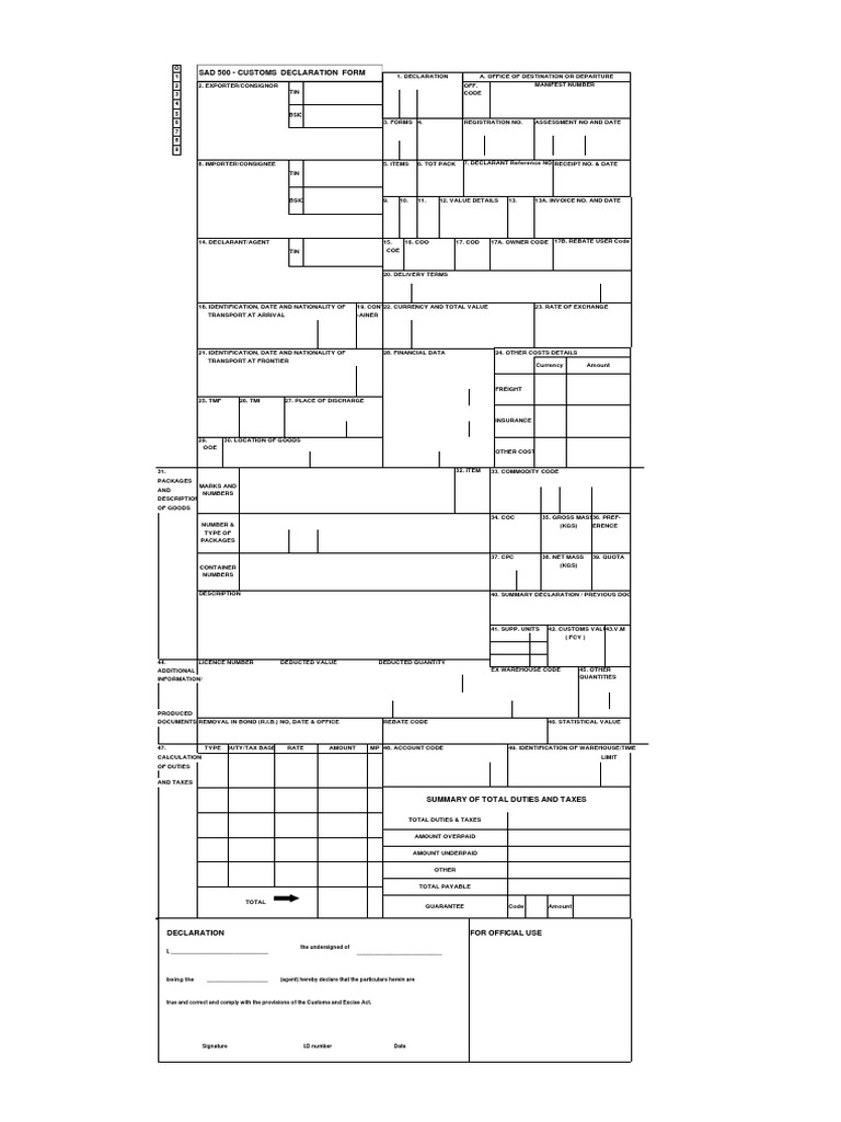 SAD 500 Customs Declaration Form External Form | PDF | Customs | Taxes