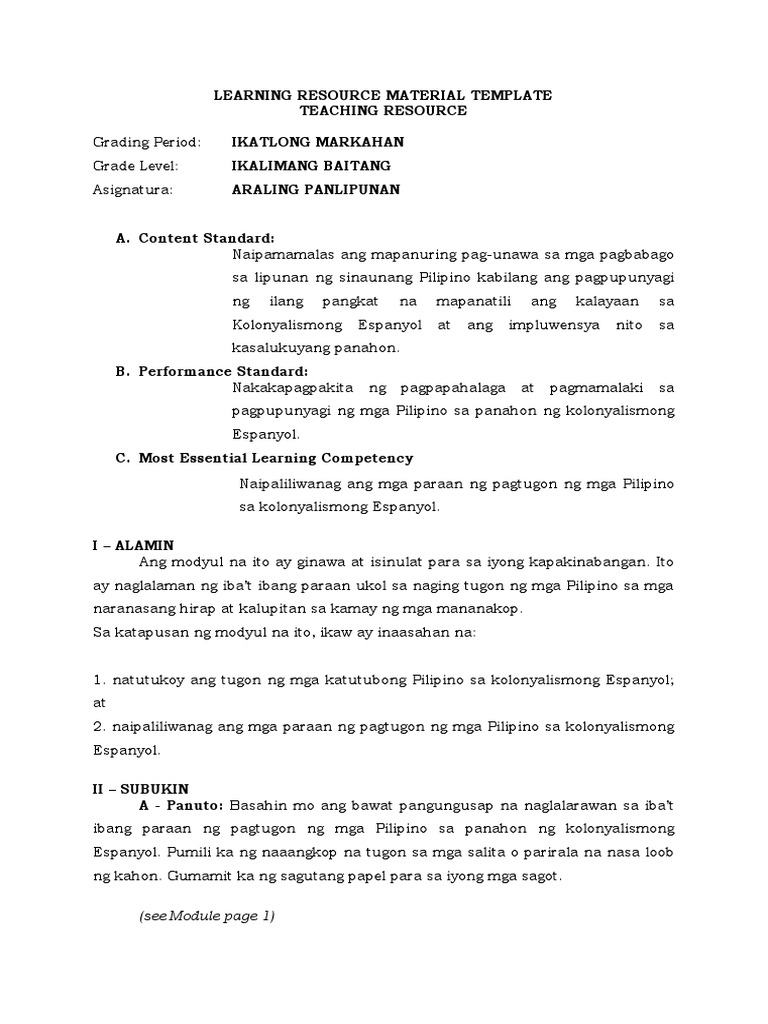 Learning Resource Material Template | PDF
