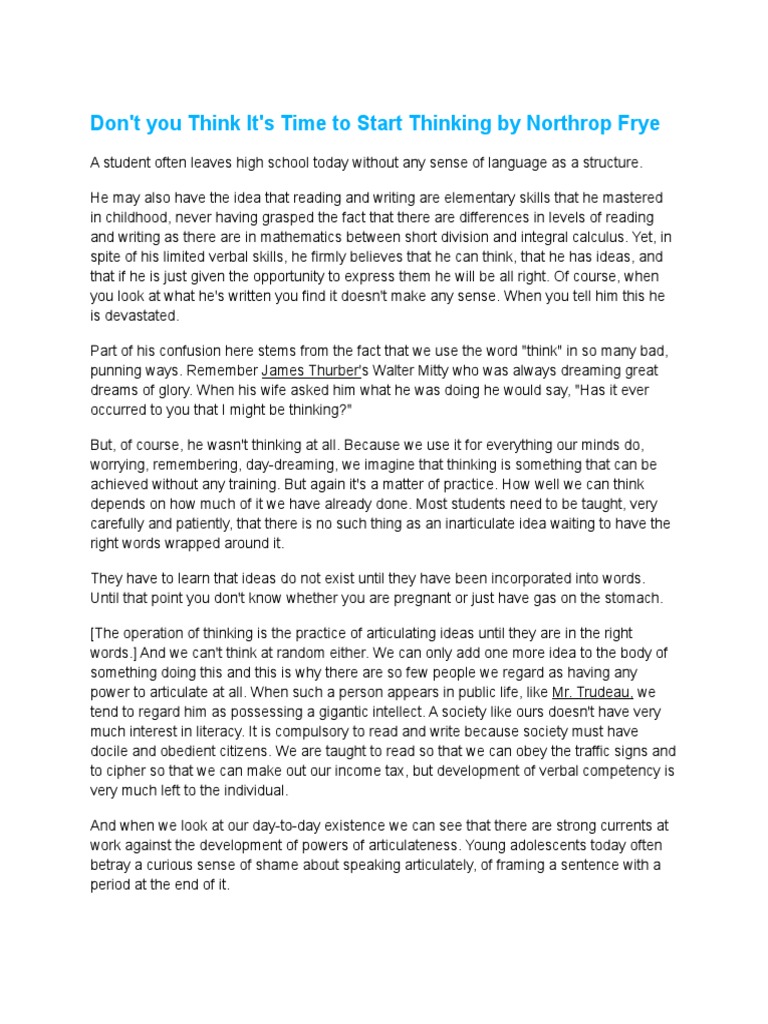 Don't You Think It's Time To Start Thinking by Northrop Frye | PDF ...