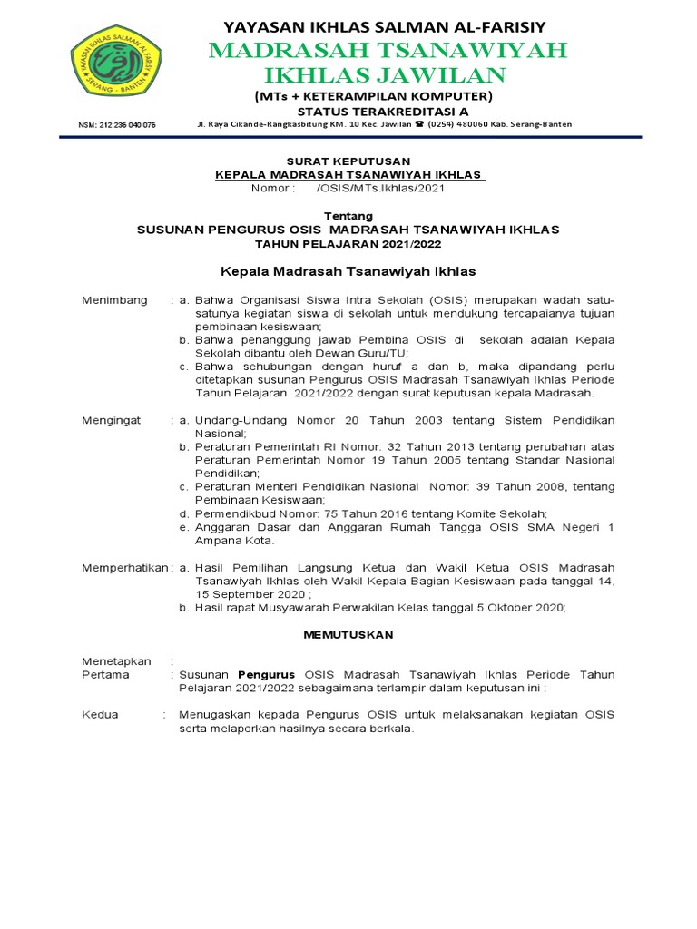 SK-PENGURUS-OSIS-2020-21 Contoh | PDF