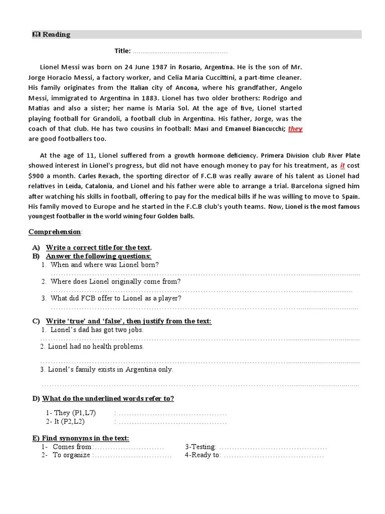 Reading About Lionel Messi Reading Comprehension Exercises - 84460 ...