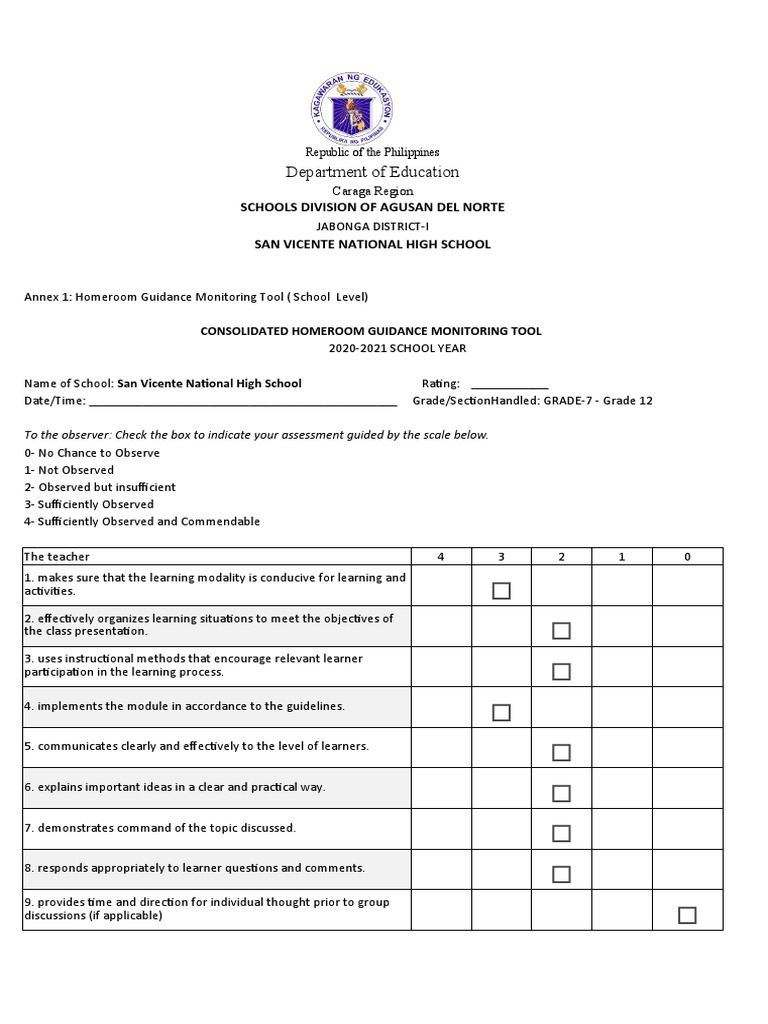 Svnhs Annex 1 Homeroom Guidance Monitoring Tool School Level 1 | PDF ...