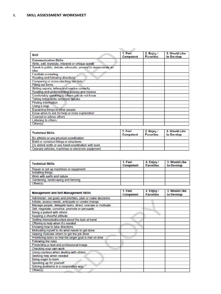 I. Skill Assessment Worksheet | PDF