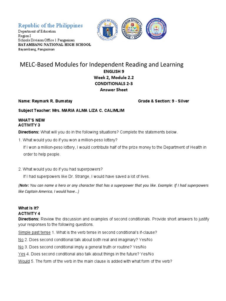 Reymark Bumatay - Conditional 2-3 Tasks | PDF | Verb | Sentence (Linguistics)
