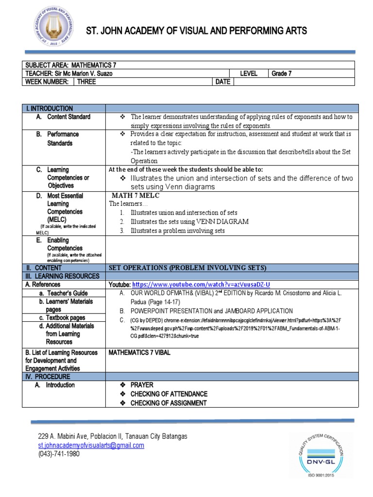 Week 3 Lesson Plan Math 8 | PDF | Learning | Mathematics