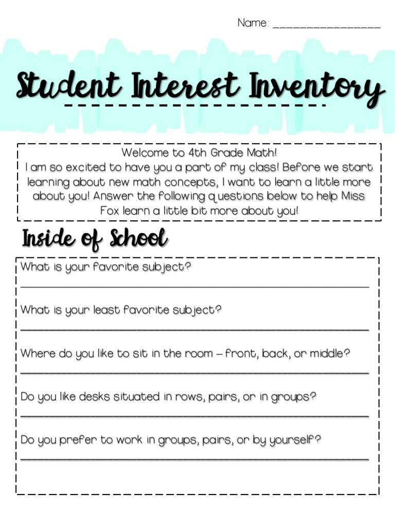 4th Grade Student Interest Inventory | PDF | Differentiated Instruction ...