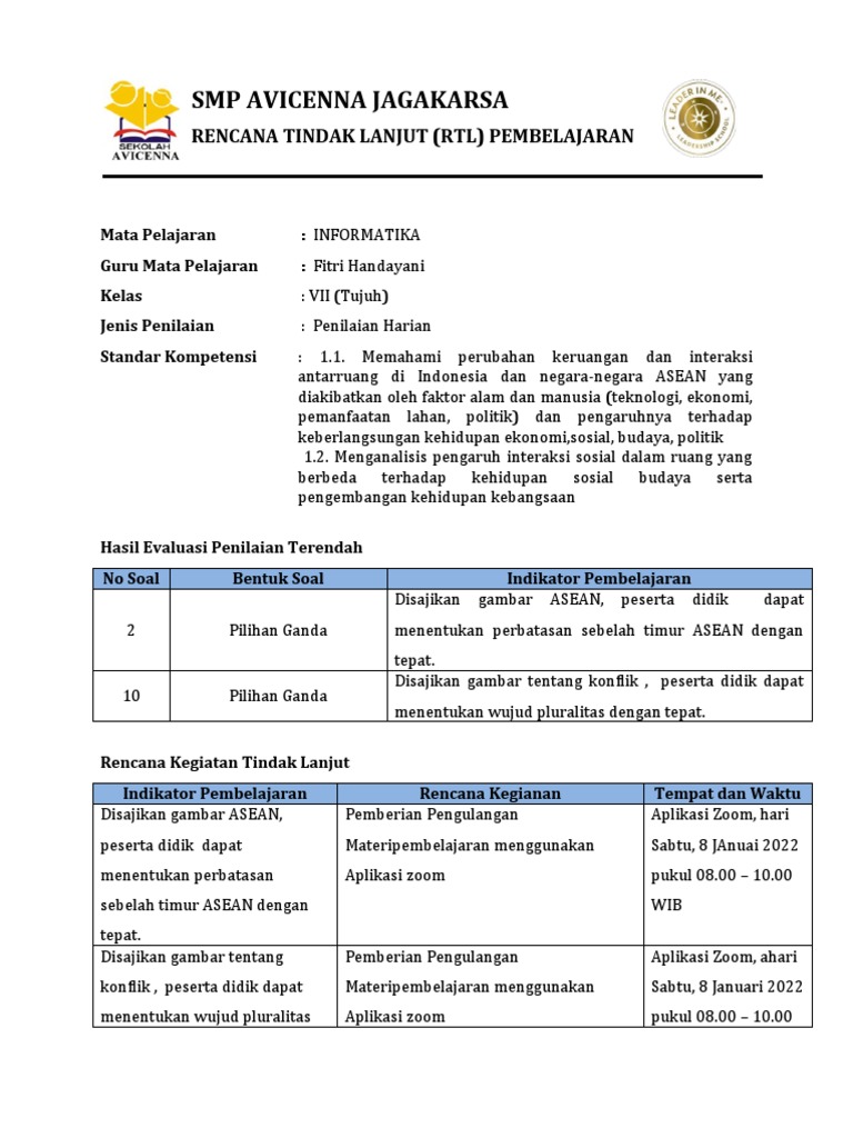 Rencana Tindak LAnjut (RTK) Pembelajaran | PDF