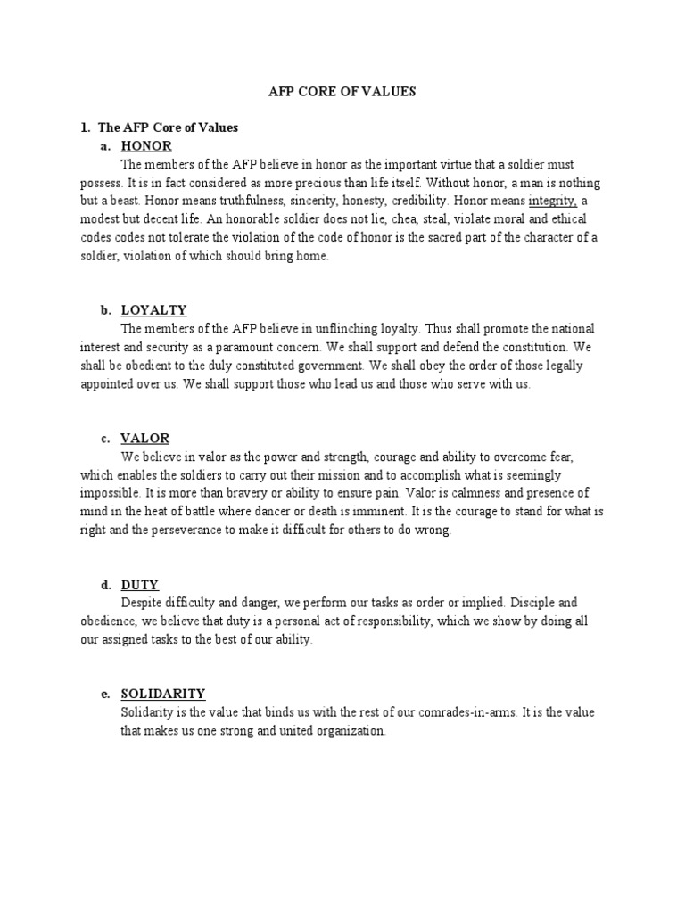 Afp Core of Values 1. The AFP Core of Values A. Honor | Download Free ...