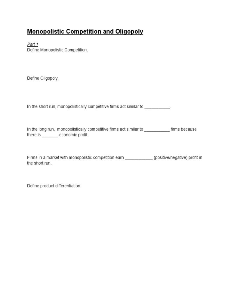 GSS Worksheet - Monopolistic Competition and Oligopoly | PDF | Finance ...