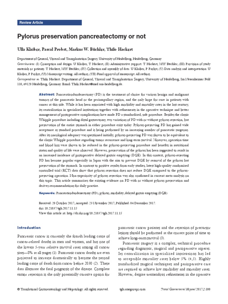 Pylorus Preservation Pancreatectomy or Not: Ulla Klaiber, Pascal Probst ...