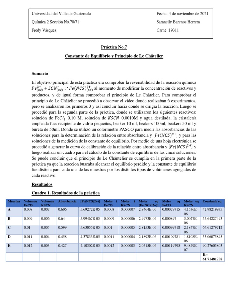 Práctica No.7 Constante de Equilibrio y Principio de Le Châtelier | PDF | Equilibrio químico ...