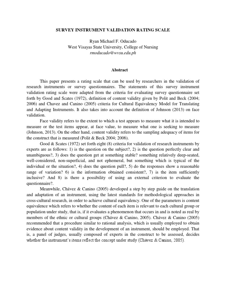Validation of Survey Instruments: Developing a Rating Scale to Evaluate Content Validity and ...