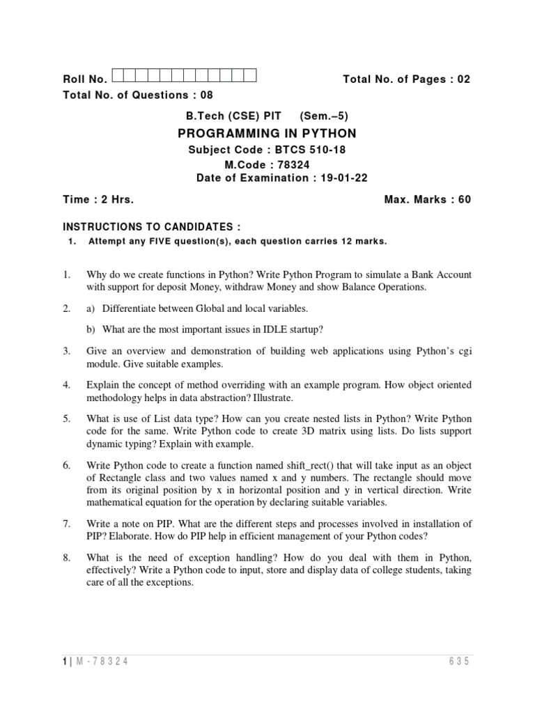 Programming in Python: Instructio Ns To Candidates | PDF | Python ...