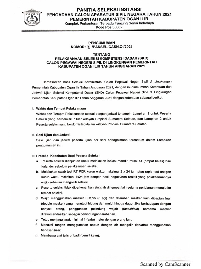 1630332234pengumuman Pelaksanaan SKD Ogan Ilir 2021 | PDF