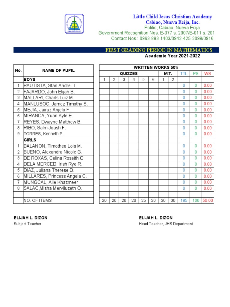 Grade 8 - Grading Sheet Format | PDF