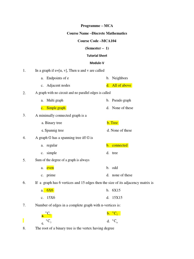 Programme - MCA Course Name - Discrete Mathematics Course Code - MCA104 ...