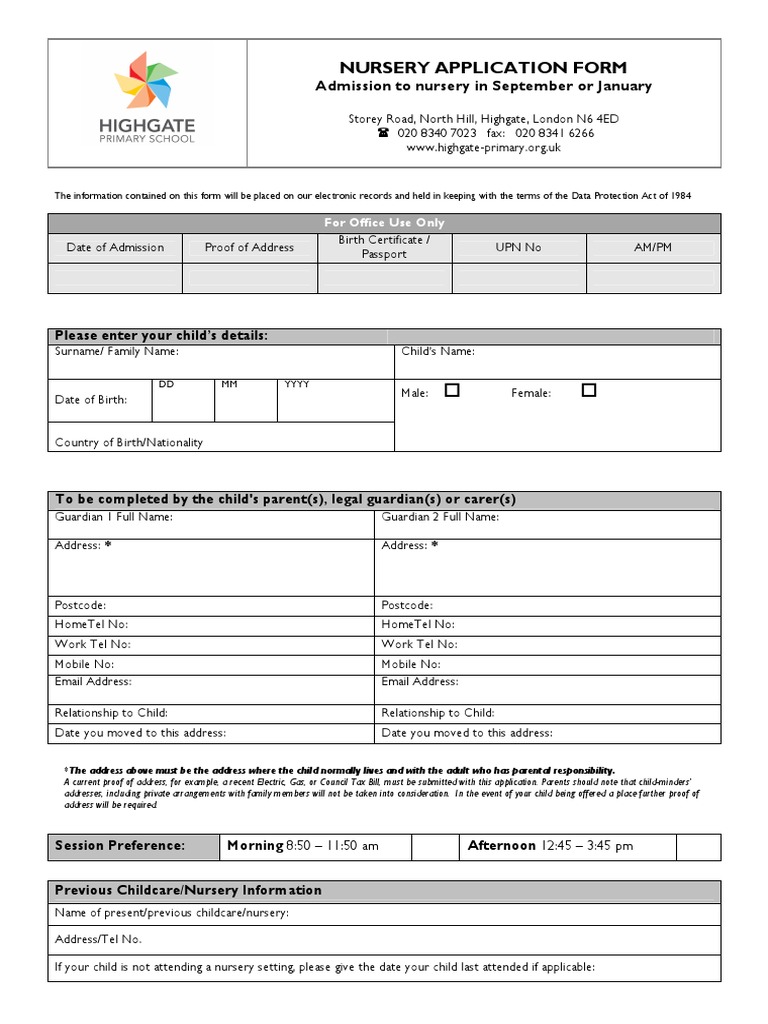 Nursery Admission Application Form | PDF | Preschool | Persian Language