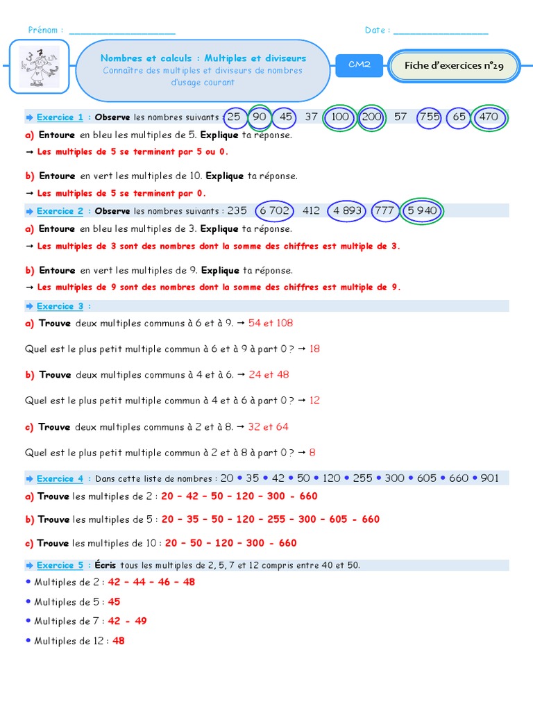 Fiche 29 Connaitre Les Multiples Et Les Diviseurs de Certains Nombres ...