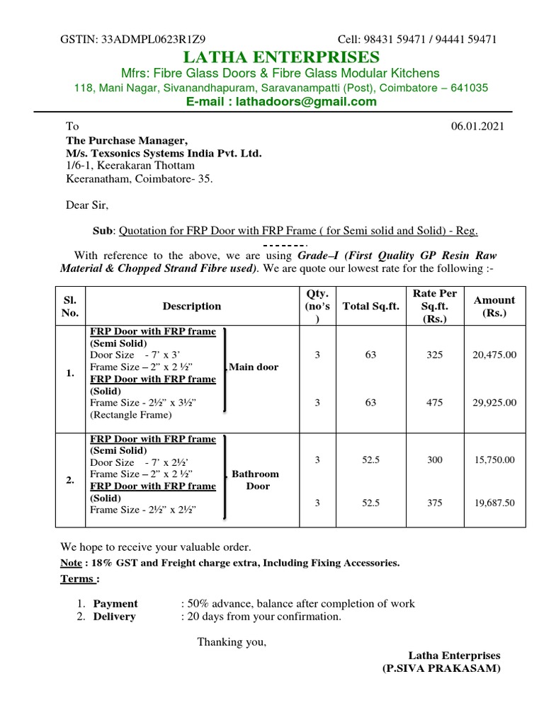 Quotation For Door - Texsonics Systems | PDF