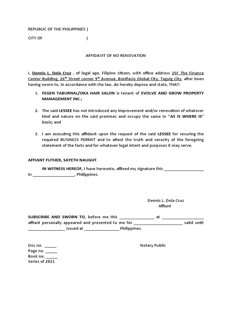Affidavit of No Renovation | PDF