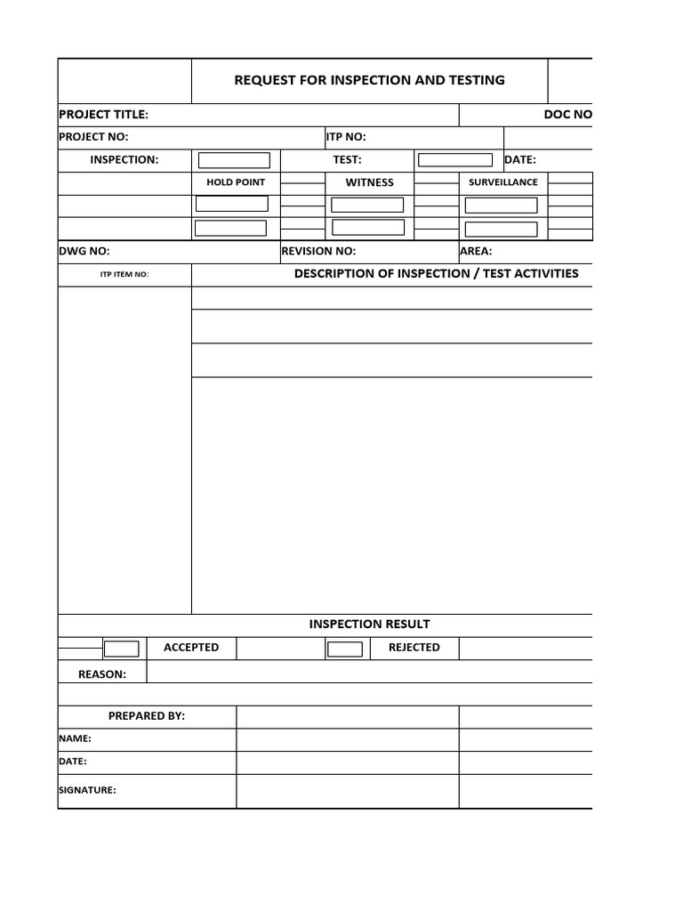 Request For Inspection and Testing: Project Title: Doc No | PDF