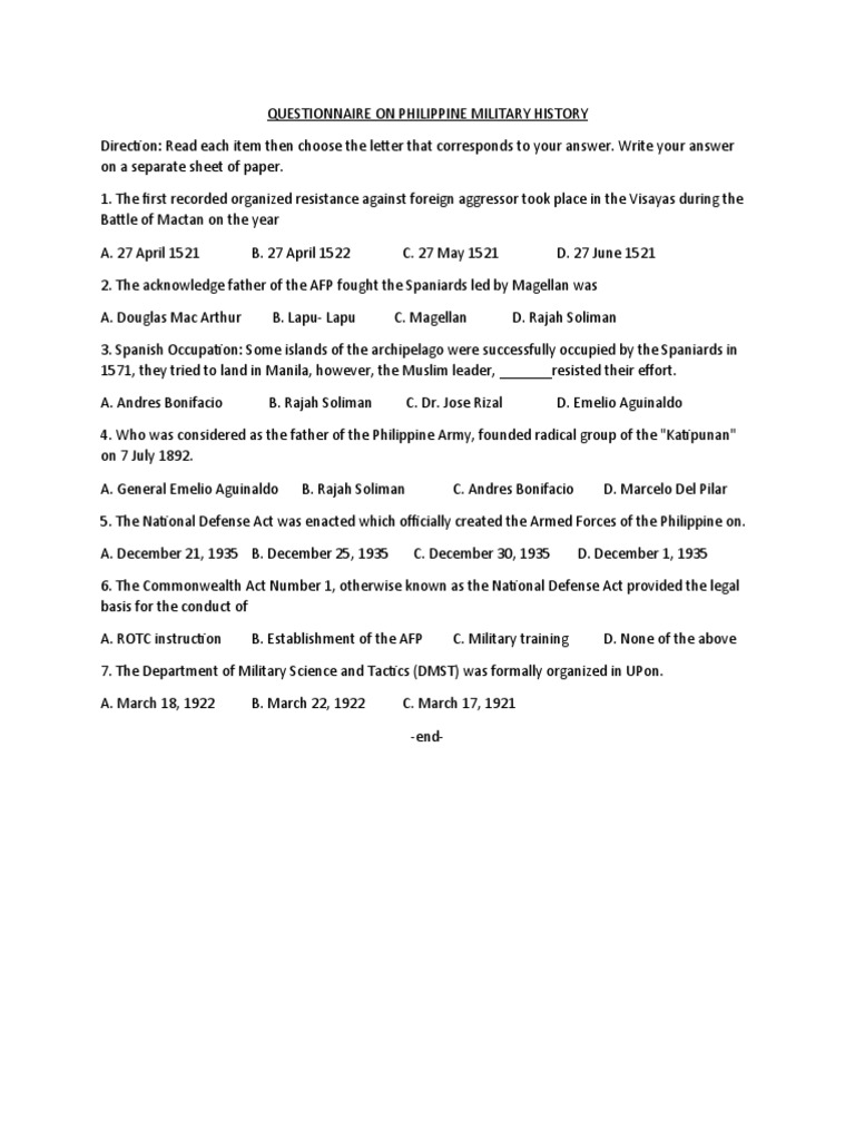 Philippine Military History Questionnaire | PDF | History