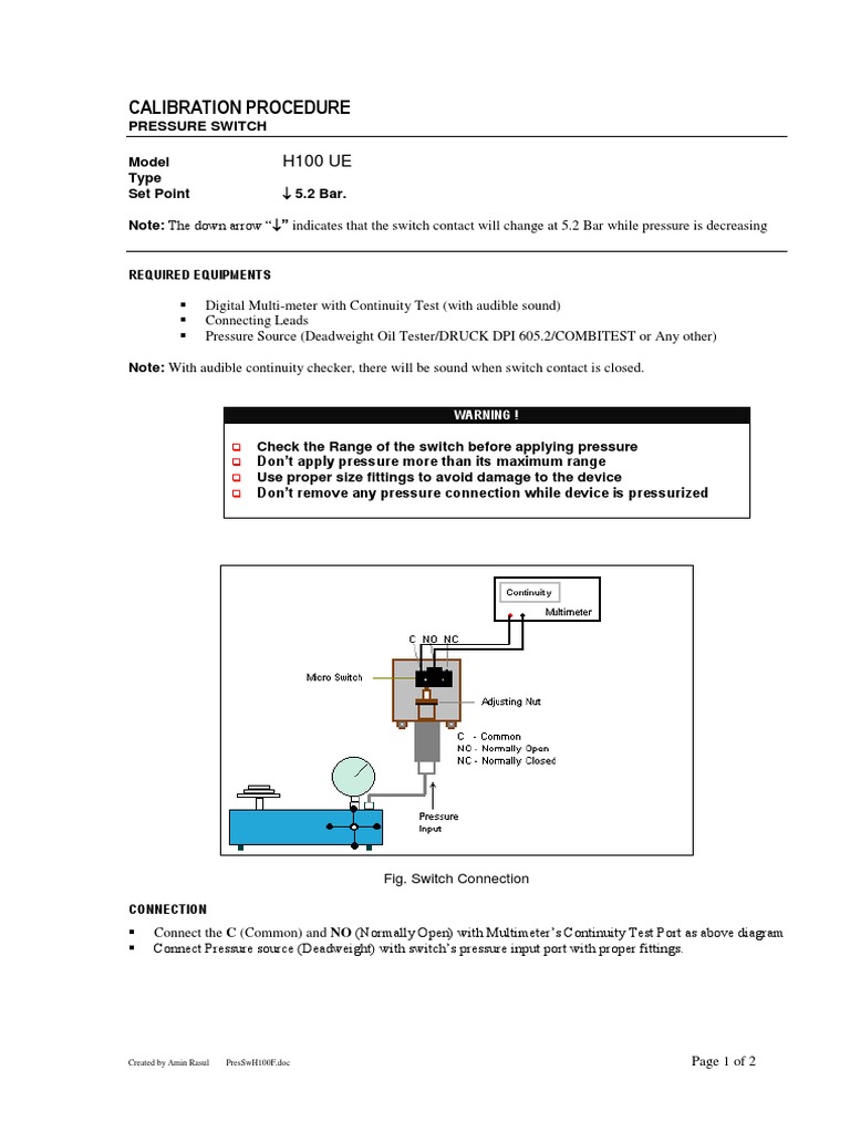 Pressure Switch Calibration Procedure PresSwH100F | PDF