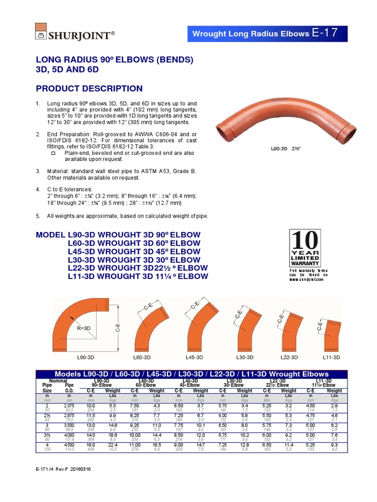5d Bend-Dimensions - E-17 Model l60-6d Wrought 6d 60o Elbow | PDF ...