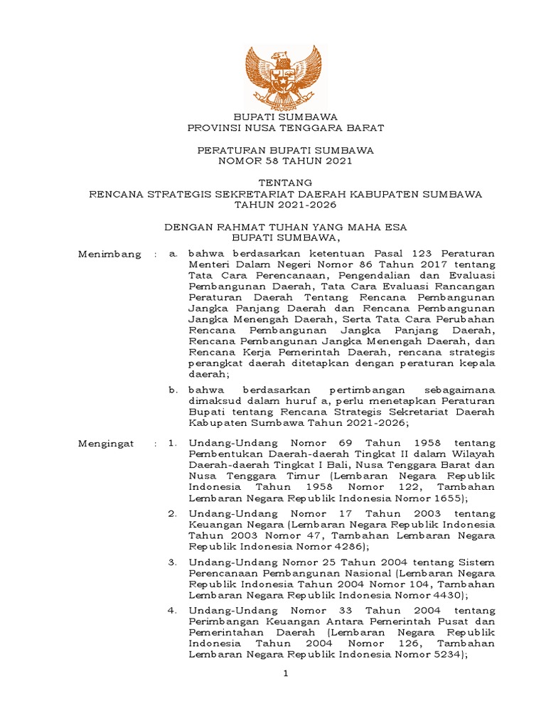 Perbup Sumbawa 58 - 2021 (Renstra Setda Kabupaten Sumbawa Tahun 2021-2026) | PDF